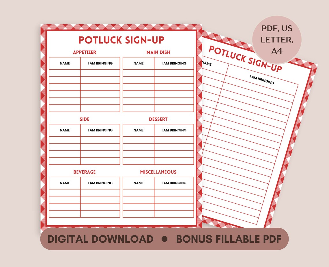 Potluck Sign up Sheet, Office Potluck Party Printable, Picnic Potluck ...