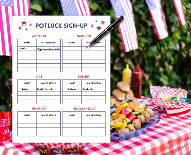 Editable Potluck Sign up Sheet, 4th of July Party, Office Potluck Party ...