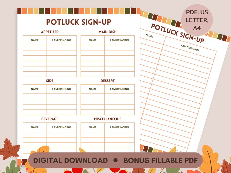 Potluck Sign up Sheet Fillable, Office Potluck Party Printable, Fall ...
