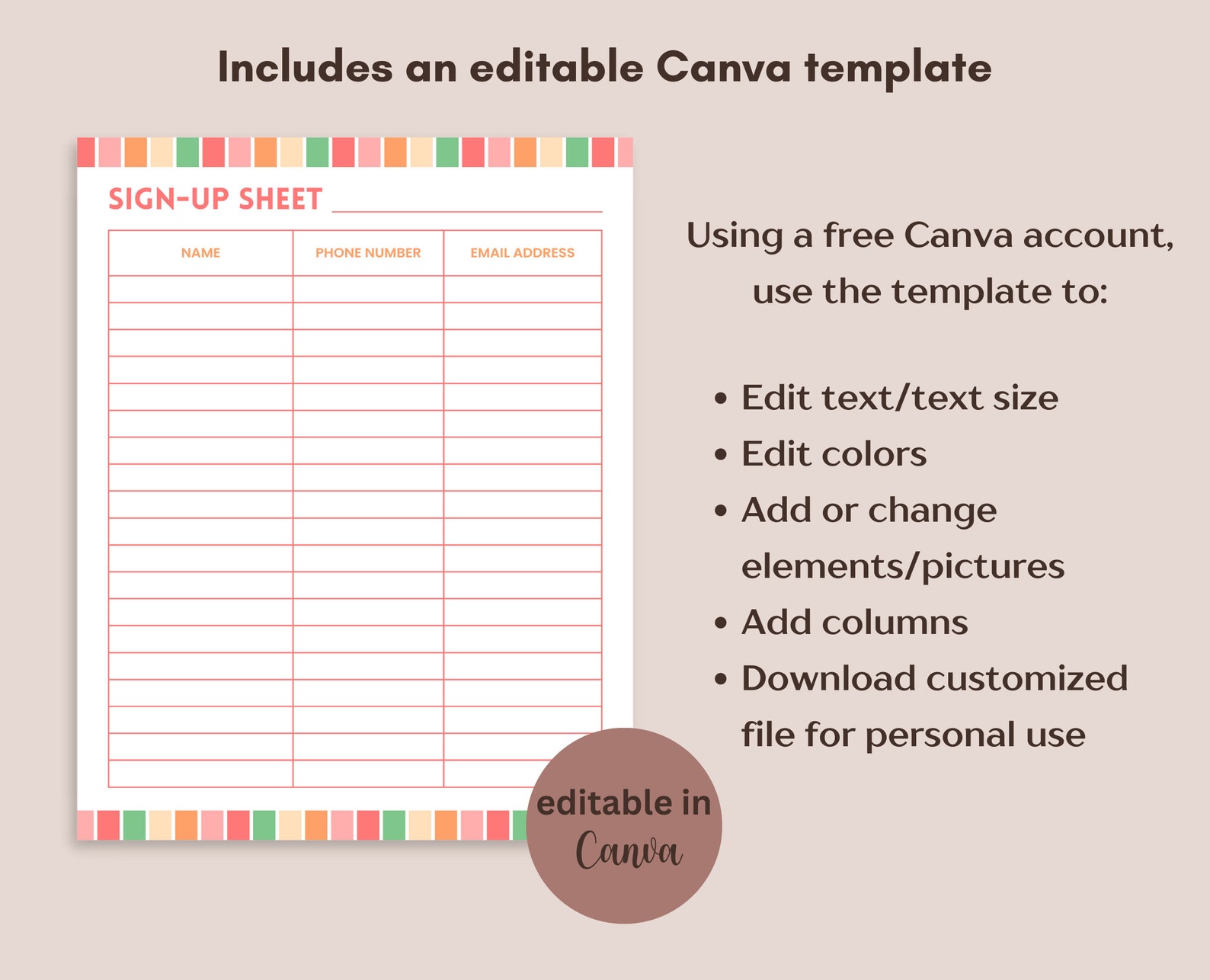 EDITABLE Sign up Sheet, Email Signup Sheet Printable, Summer Signup ...