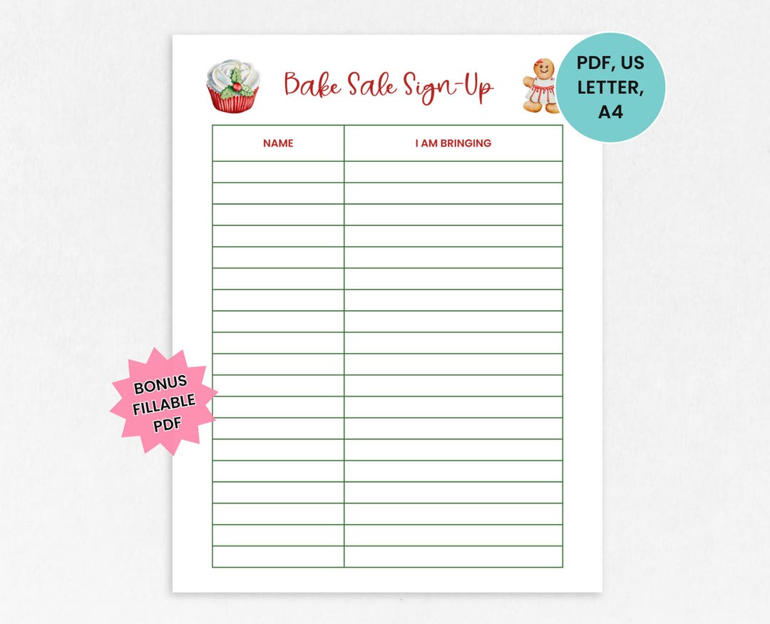 Holiday Bake Sale Sign up Sheet, Christmas Bake Sale Fundraiser ...