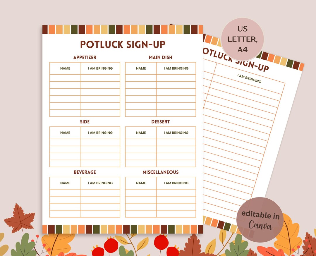 Editable Potluck Sign up Sheet, Office Potluck Party Printable, Fall ...