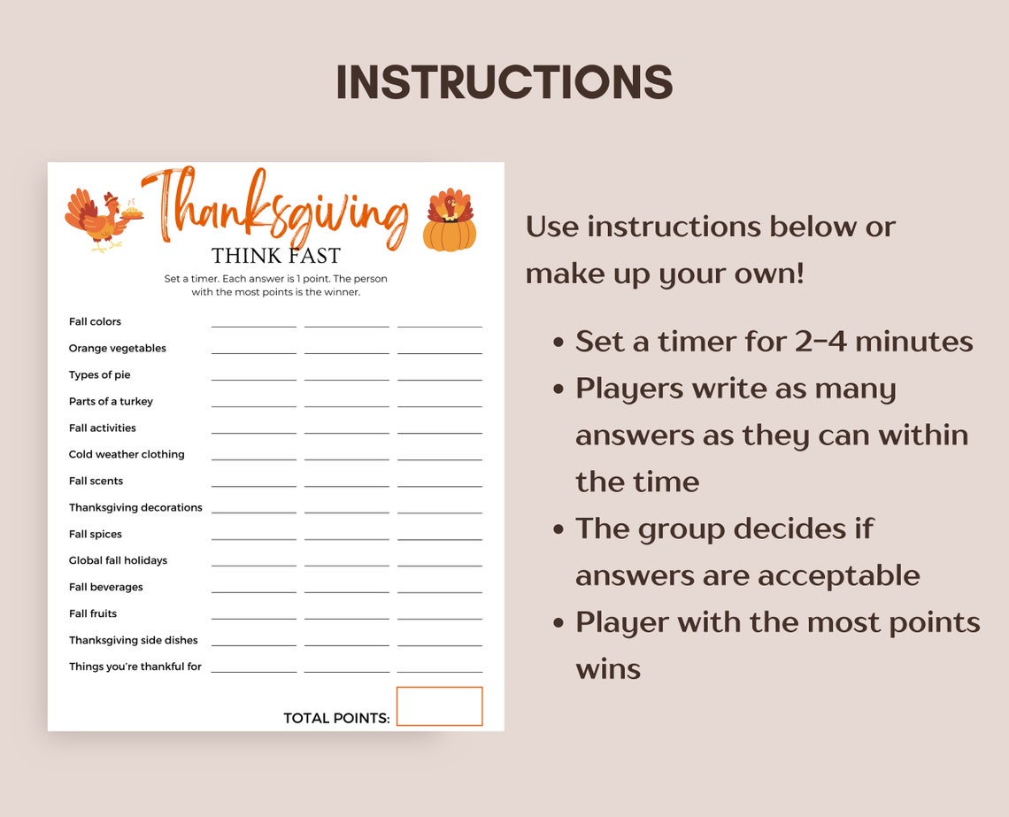 Thanksgiving Think Fast Game, Printable Thanksgiving Fun Party Activity ...
