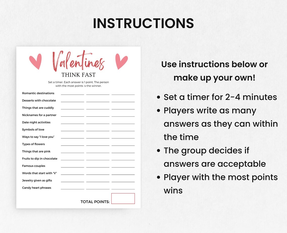 Valentine's Day Think Fast, Printable Valentines Day Game, Valentines ...
