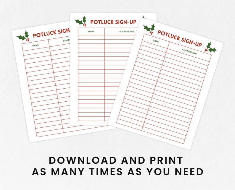 Holiday Potluck Sign up Sheet, Office Potluck Party Printable ...