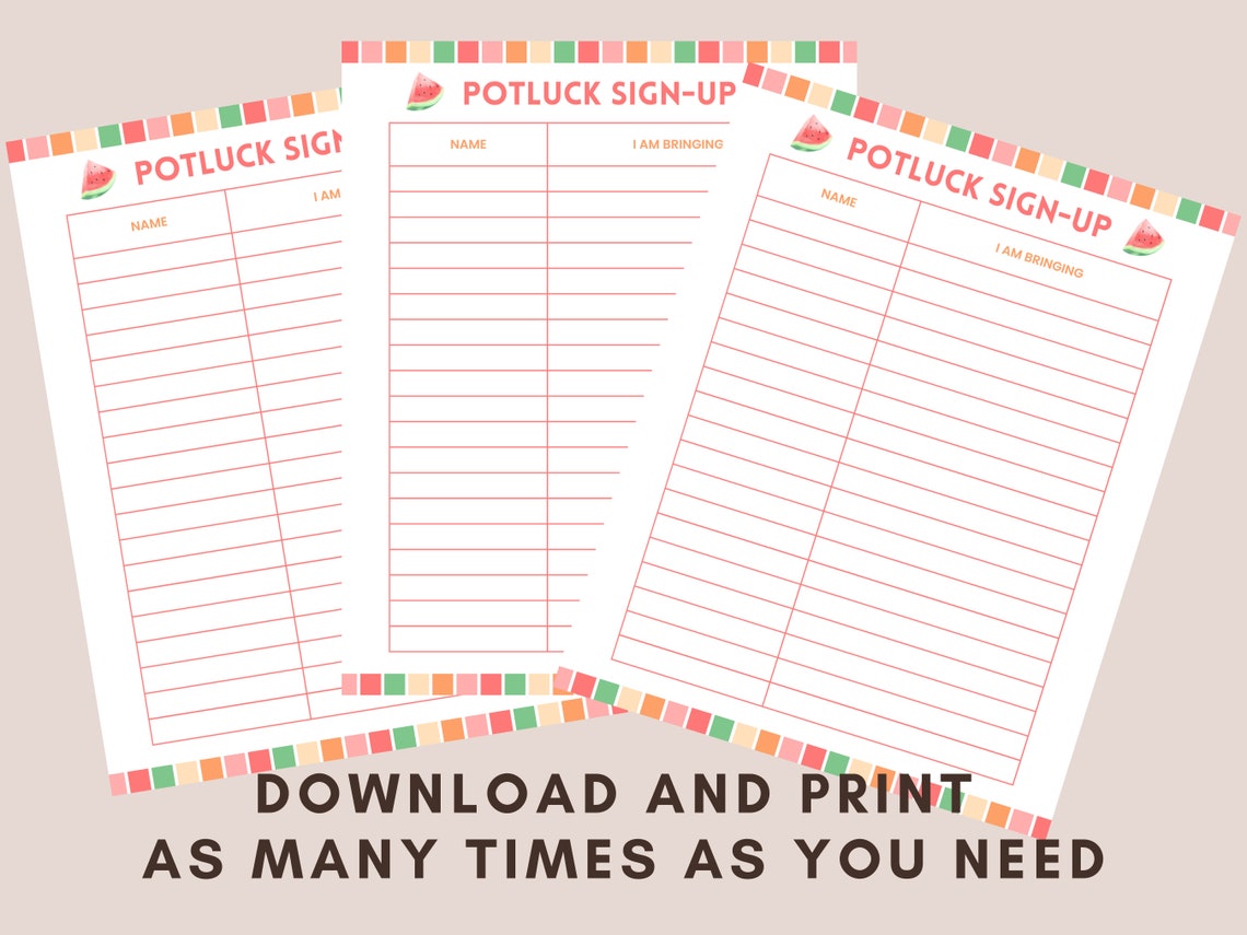 Potluck Sign up Sheet, Office Potluck Party Printable, Summer Party ...
