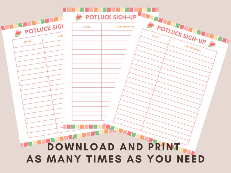Potluck Sign up Sheet, Office Potluck Party Printable, Summer Party ...