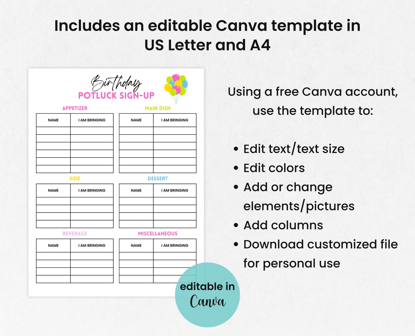 Editable Potluck Sign up Sheet, Birthday Party Potluck, Potluck Party ...