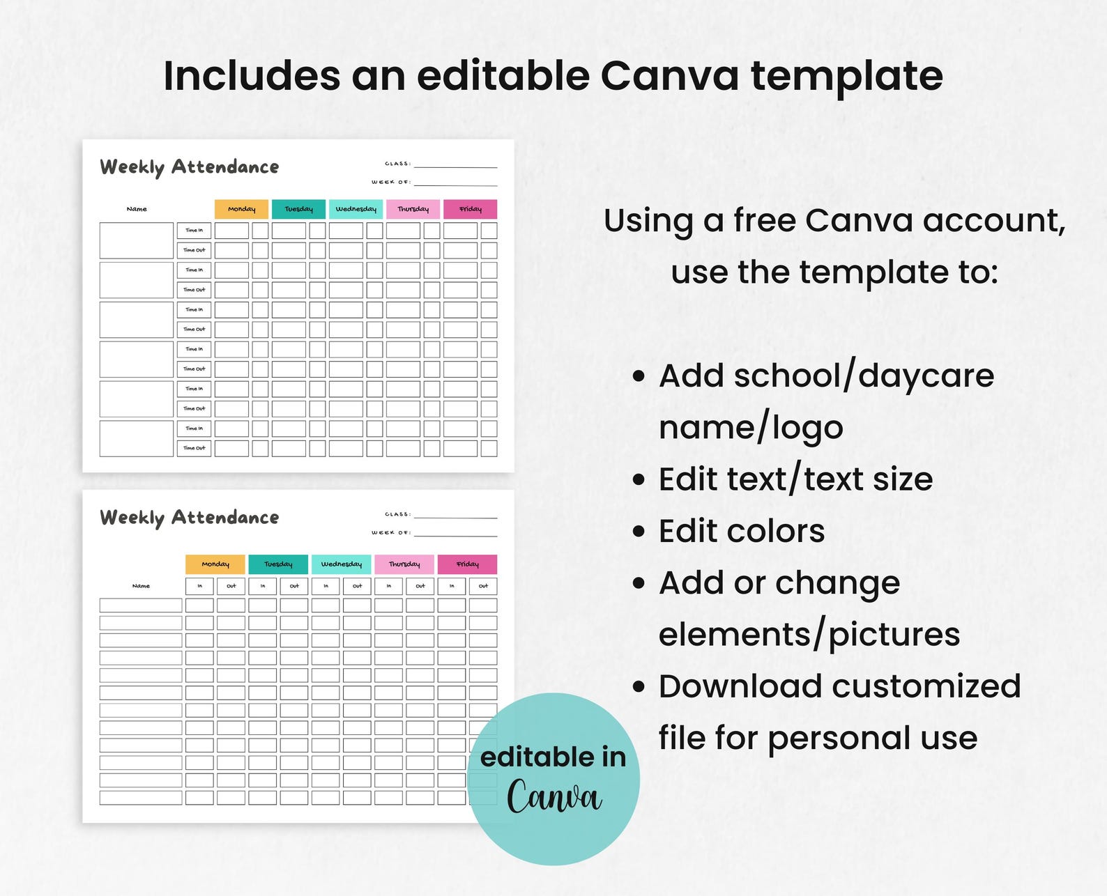 Editable Weekly Attendance Tracker Template, Daycare Sign In, Preschool ...