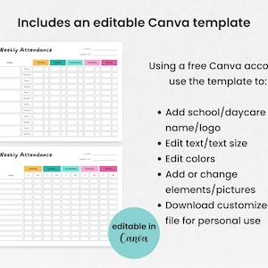 Editable Weekly Attendance Tracker Template, Daycare Sign In, Preschool ...