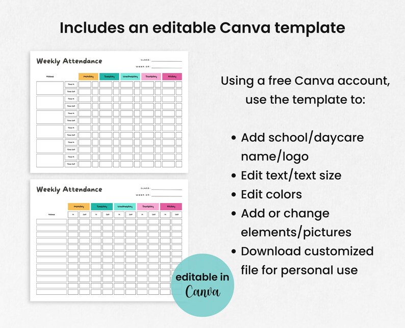 Editable Weekly Attendance Tracker Template, Daycare Sign In, Preschool ...