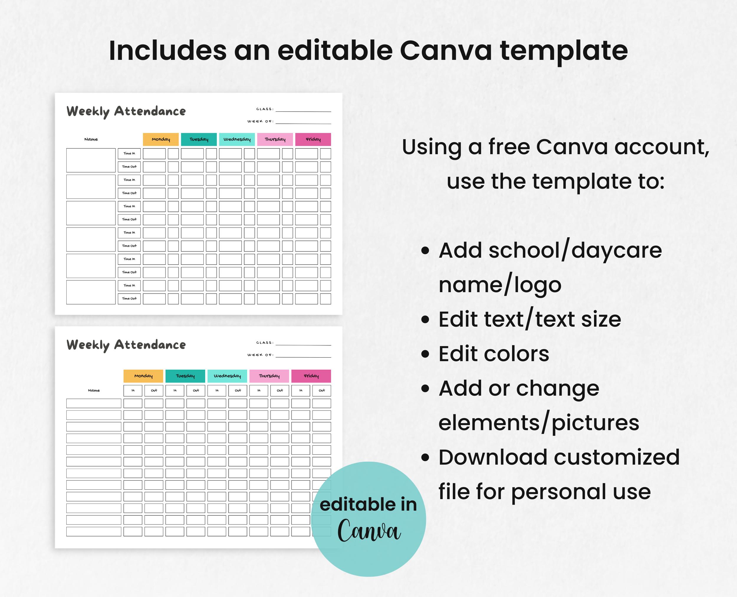 Editable Weekly Attendance Tracker Template, Daycare Sign In, Preschool ...