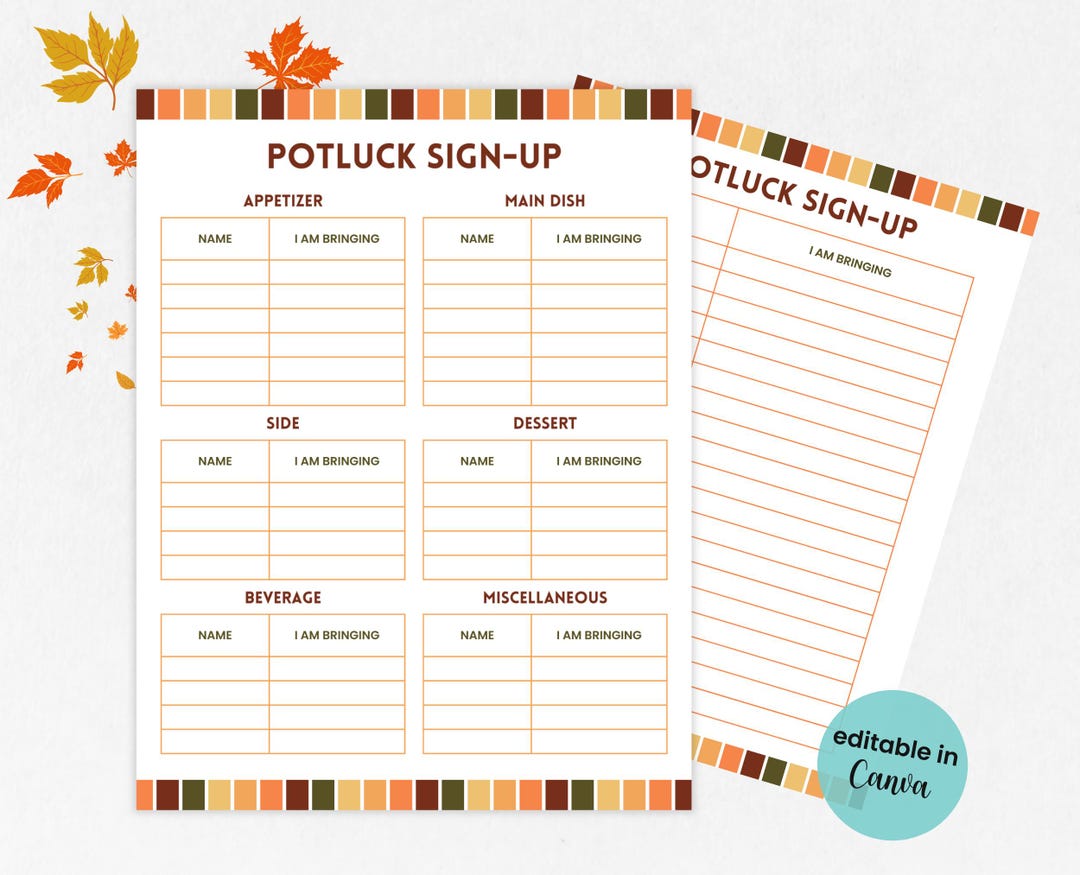 Editable Potluck Sign up Sheet, Office Potluck Party Printable, Fall ...