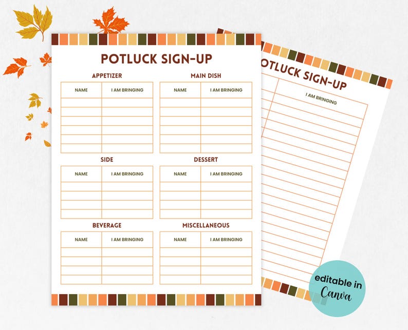 Editable Potluck Sign up Sheet, Office Potluck Party Printable, Fall ...