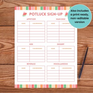 Editable Potluck Sign up Sheet, Summer Office Potluck Party Printable ...
