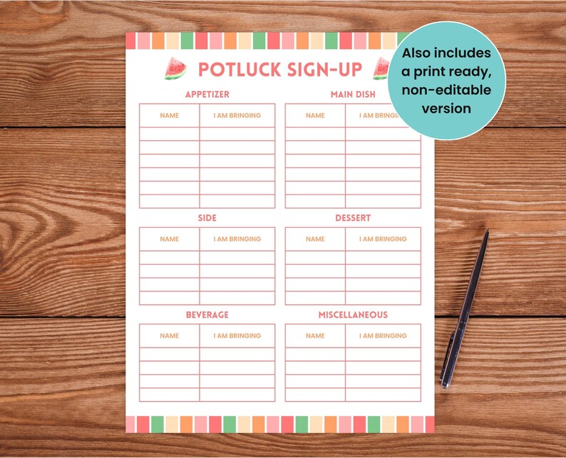 Editable Potluck Sign up Sheet, Summer Office Potluck Party Printable ...