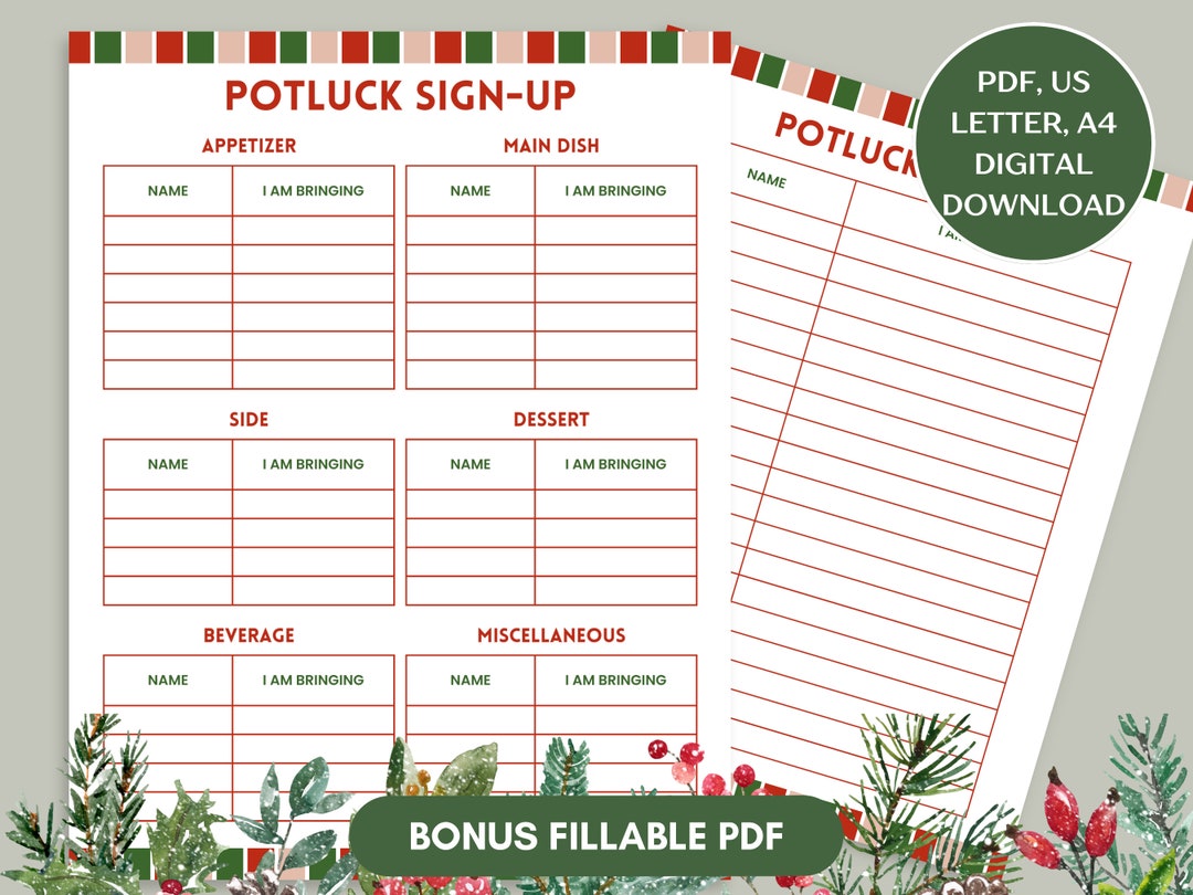Holiday Potluck Sign up Sheet, Office Potluck Party Printable ...