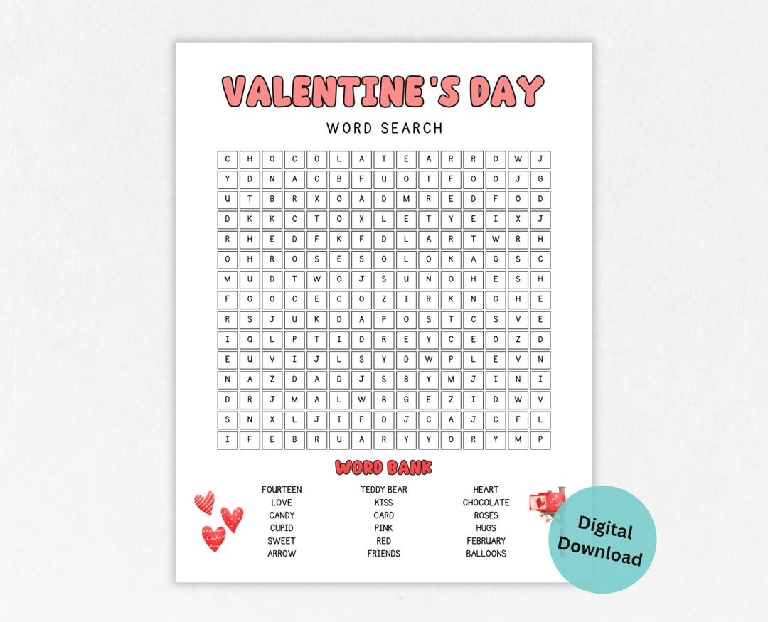 Valentine's Day Word Search, Holiday Word Search, Printable Word Search ...