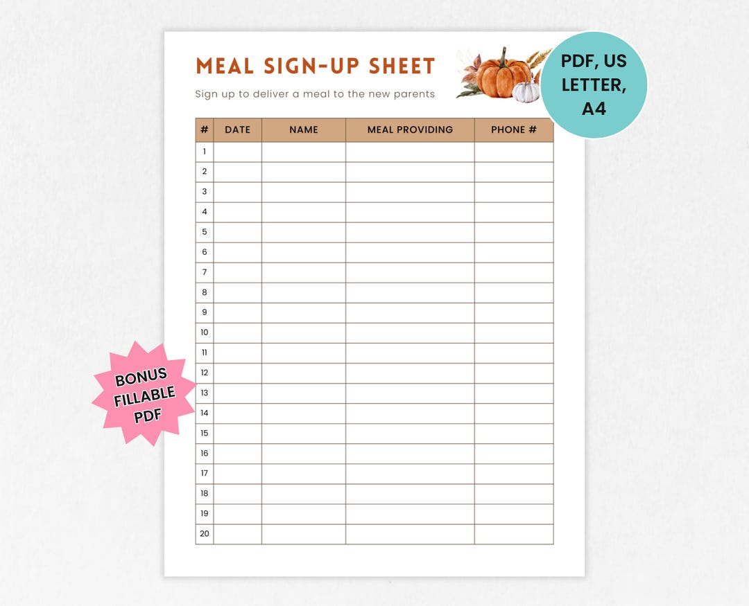 Meal Sign up Sheet, Fall Meal Train Signup Sheet Printable, Food Signup ...