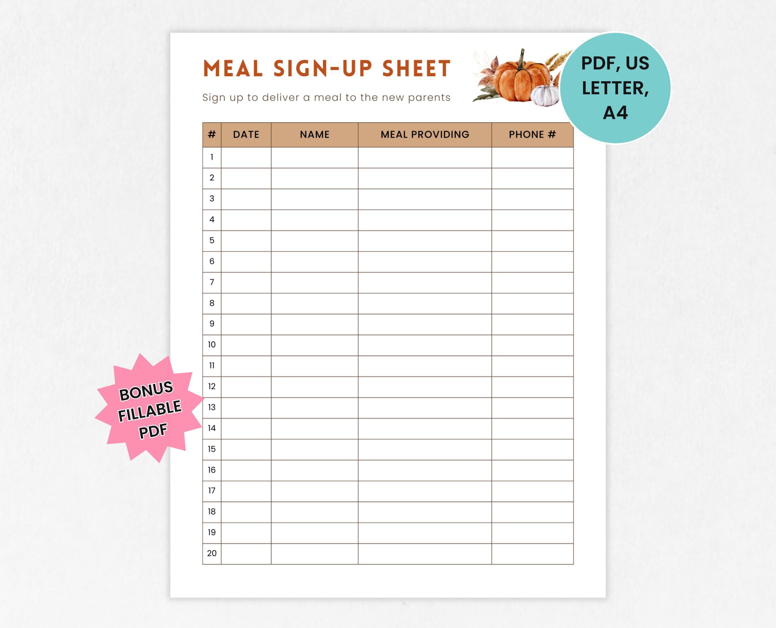 Meal Sign up Sheet, Fall Meal Train Signup Sheet Printable, Food Signup ...