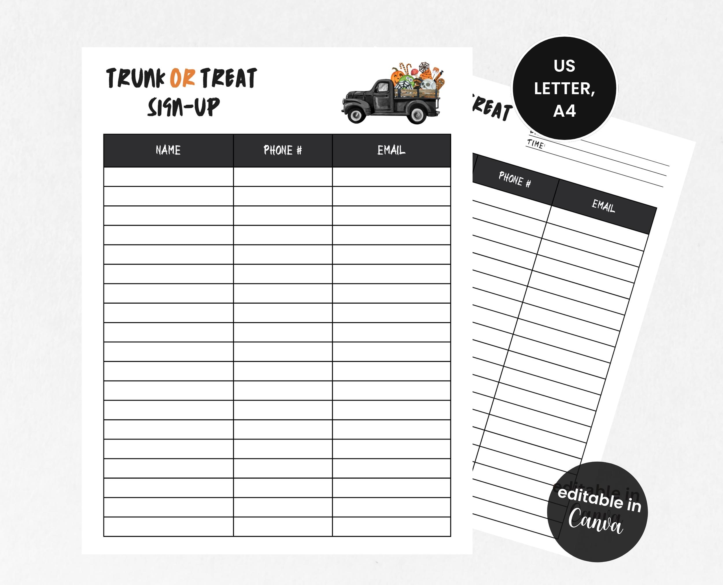 Editable Trunk or Treat Sign up Sheet, Trunk or Treat Event Sign Up ...