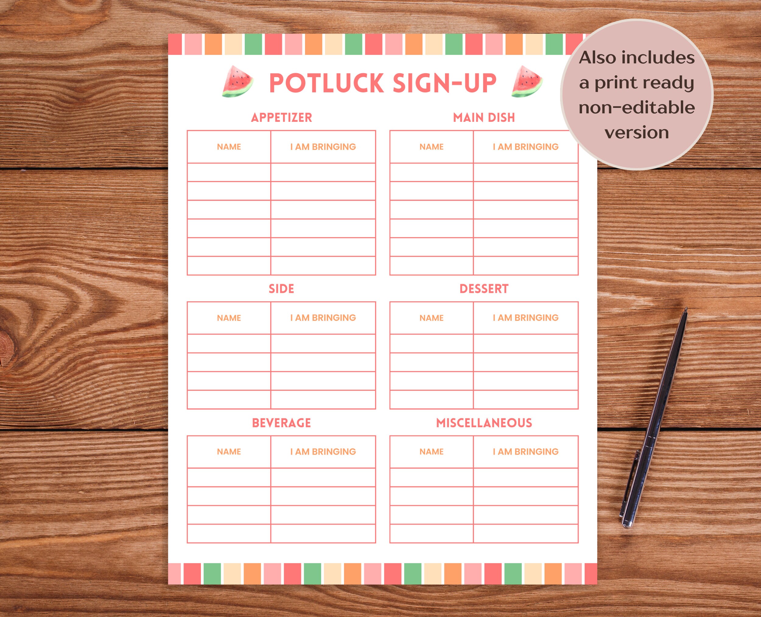 Editable Potluck Sign up Sheet, Office Potluck Party Printable, Summer ...