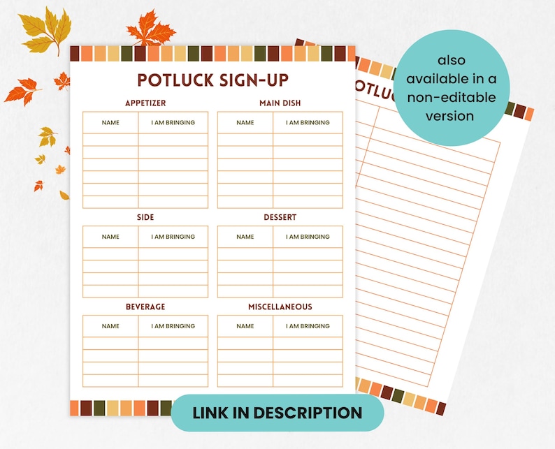 Editable Potluck Sign up Sheet, Office Potluck Party Printable, Fall ...