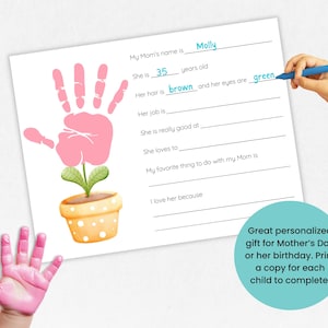 All About My Mom Handprint Craft, Mom Questionnaire, Mother's Day Gift ...