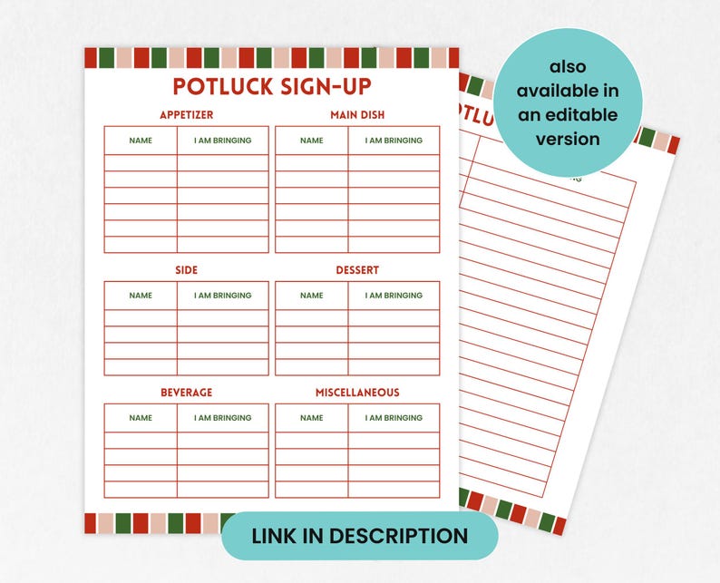 Holiday Potluck Sign up Sheet, Office Potluck Party Printable ...