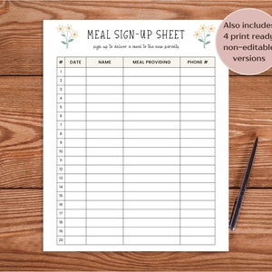 Editable Meal Sign up Sheet, Meal Train Signup Sheet Printable ...