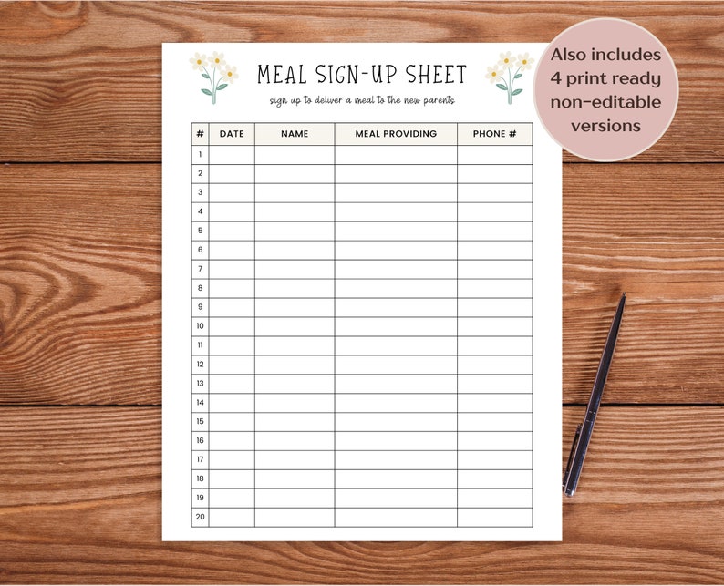 Editable Meal Sign up Sheet, Meal Train Signup Sheet Printable ...