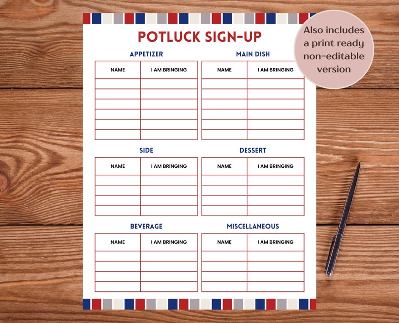 Editable Potluck Sign Up Sheet 4th Of July Party Office Potluck Party