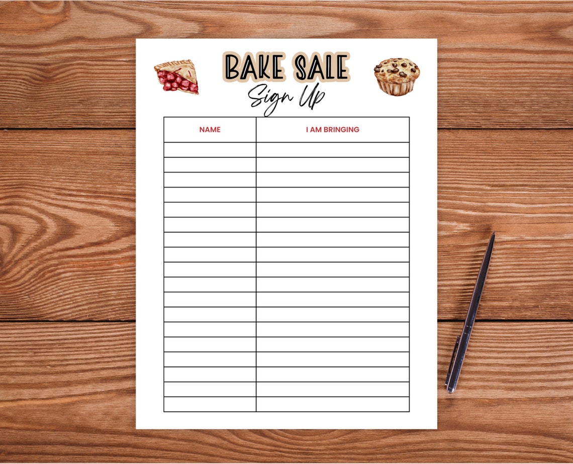 Bake Sale Sign up Sheet, Bake Sale Fundraiser Printable, School Bake ...