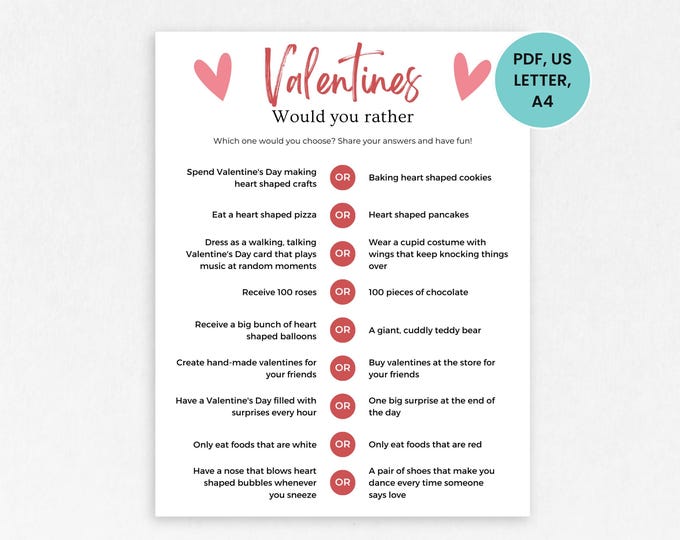 Valentines Would You Rather, Valentine's Party Game, Activities for ...