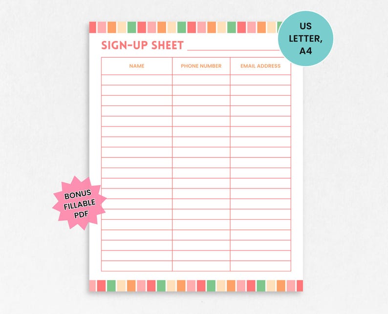 Sign up Sheet, Email Signup Sheet Printable, Summer Signup, Church Sign ...
