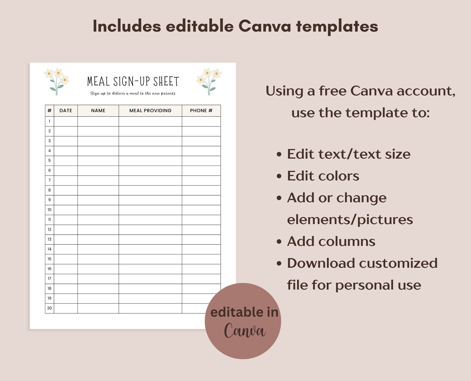 Editable Meal Sign up Sheet, Meal Train Signup Sheet Printable ...