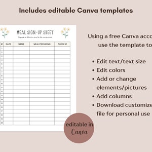 Editable Meal Sign up Sheet, Meal Train Signup Sheet Printable ...