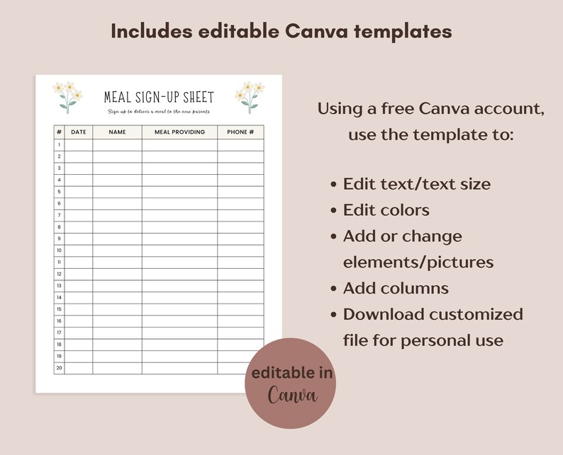 Editable Meal Sign up Sheet, Meal Train Signup Sheet Printable ...