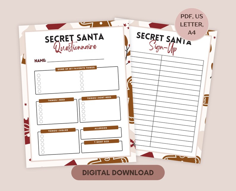 Secret Santa Questionnaire for Adults, Secret Santa Gift Exchange Sign ...