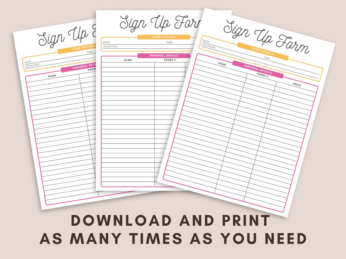 Sign up Sheet, Email Signup Sheet Printable, Summer Signup Form, Church ...
