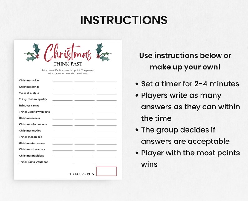 Christmas Think Fast Game, Printable Christmas Fun Party Activity ...