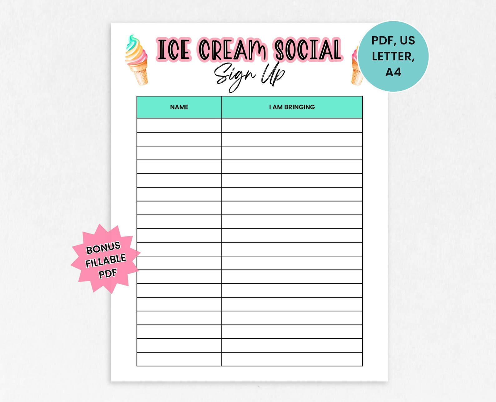 Ice Cream Social Sign up Sheet, Office Potluck Party Printable, Ice ...