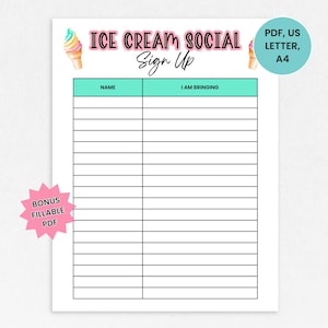 Ice Cream Social Sign up Sheet, Office Potluck Party Printable, Ice ...