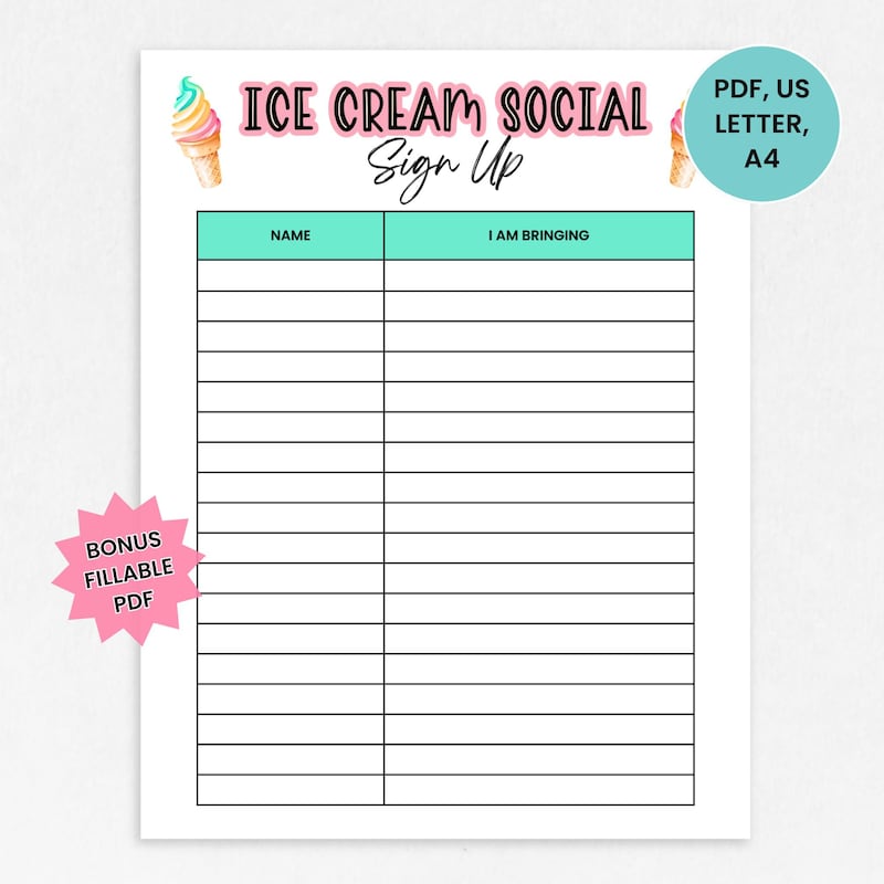Ice Cream Social Sign up Sheet - Etsy