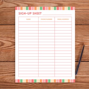 Sign up Sheet, Email Signup Sheet Printable, Summer Signup, Church Sign ...