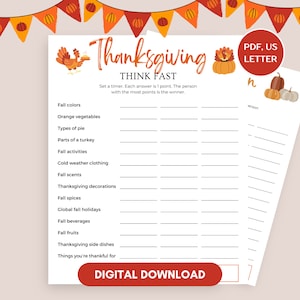 Thanksgiving Think Fast Game, Printable Thanksgiving Fun Party Activity ...