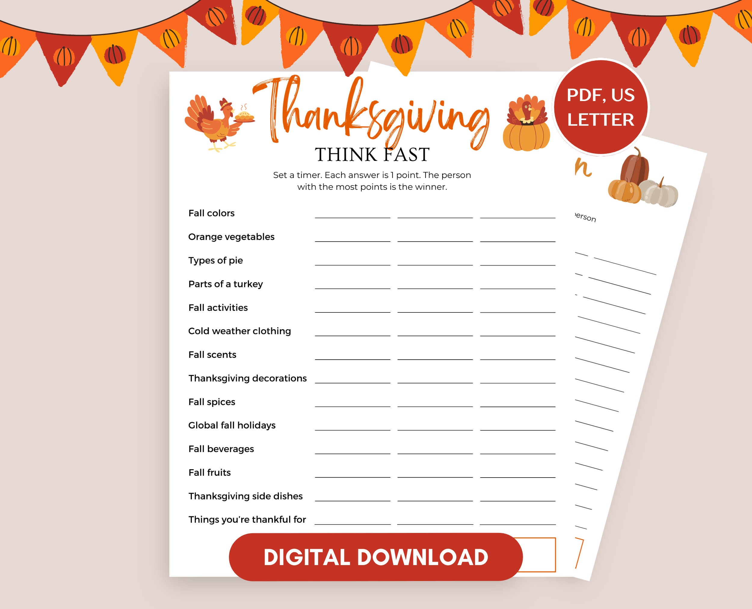 Thanksgiving Think Fast Game, Printable Thanksgiving Fun Party Activity ...