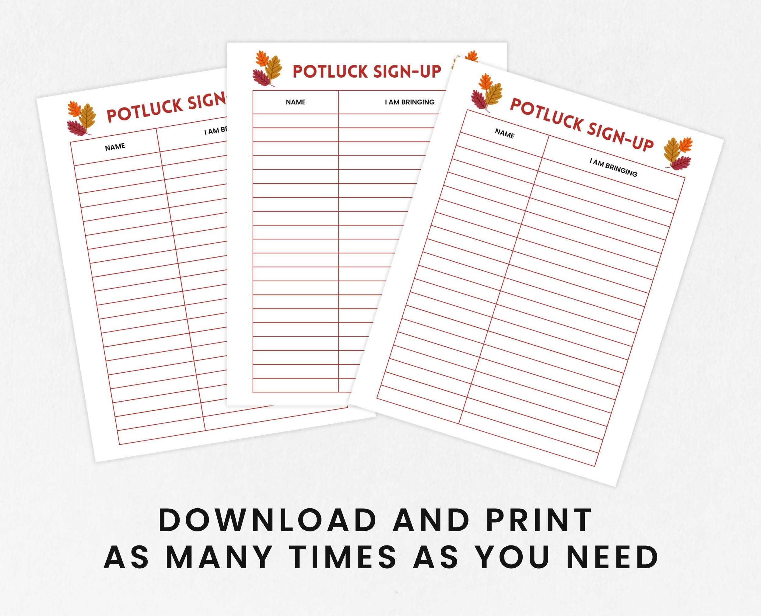 Potluck Sign up Sheet Fillable, Office Potluck Party Printable, Fall ...
