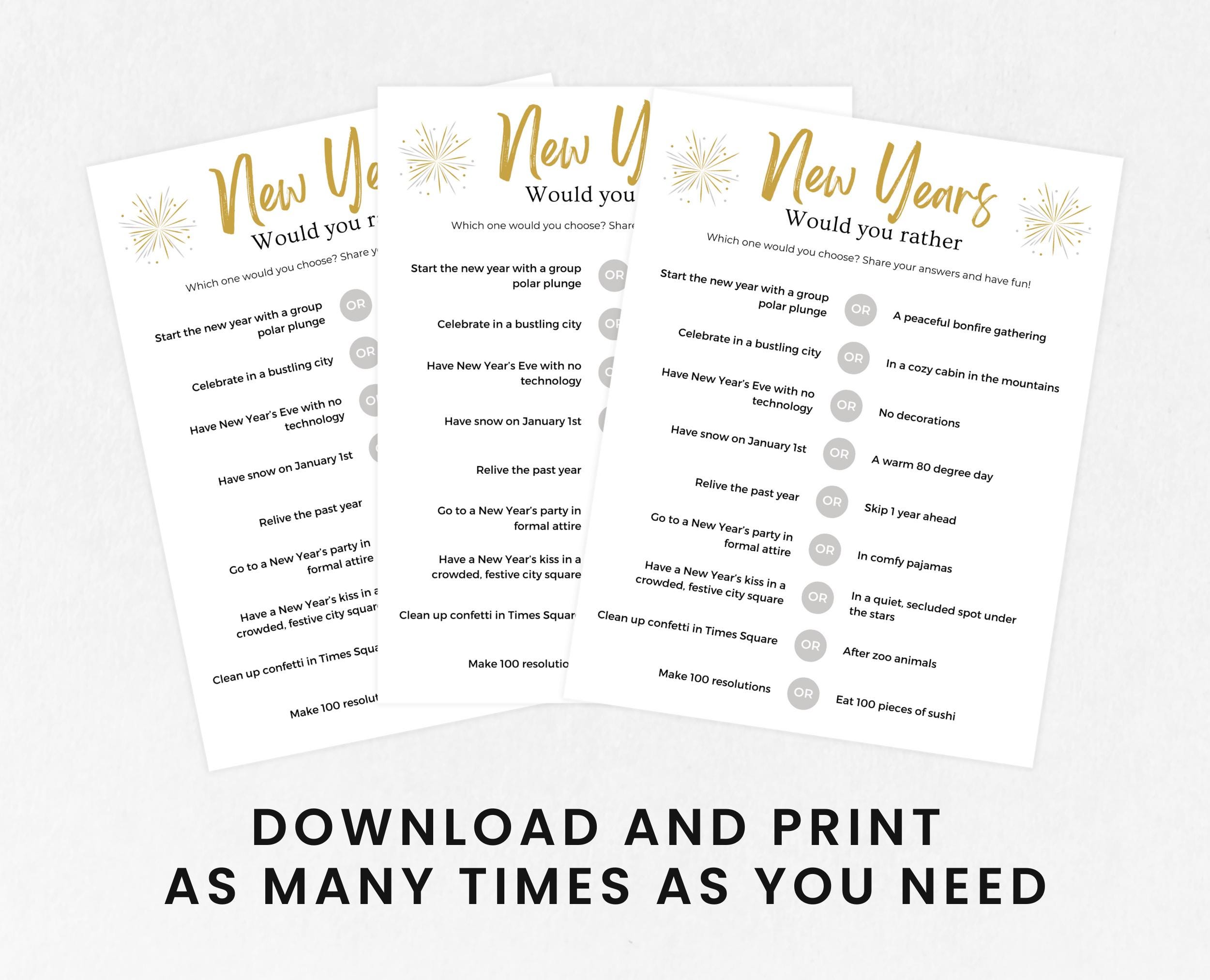 New Years Would You Rather, Printable New Year's Eve Game, New Years ...