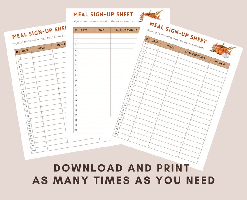 Meal Sign up Sheet, Fall Meal Train Signup Sheet Printable, Food Signup ...
